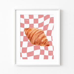 Retro Pink and White Checkered Croissant Wall Art Print, Croissant Wall ...