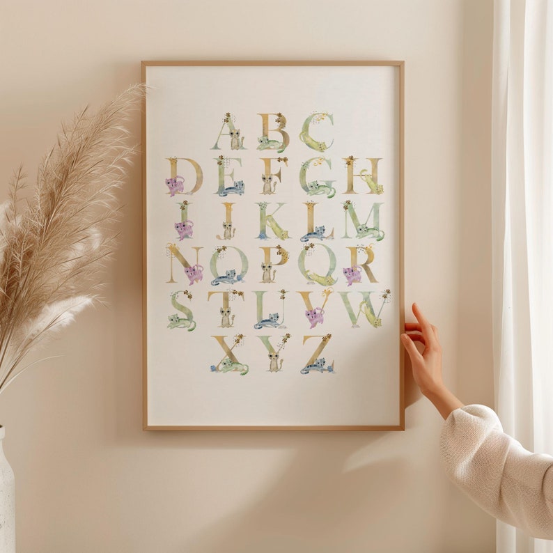 Neutral Cats Alphabet Digital Wall Art Poster, Cat ABC Watercolor ...