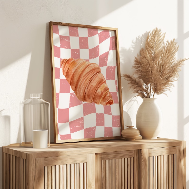 Retro Pink and White Checkered Croissant Wall Art Print, Croissant Wall ...