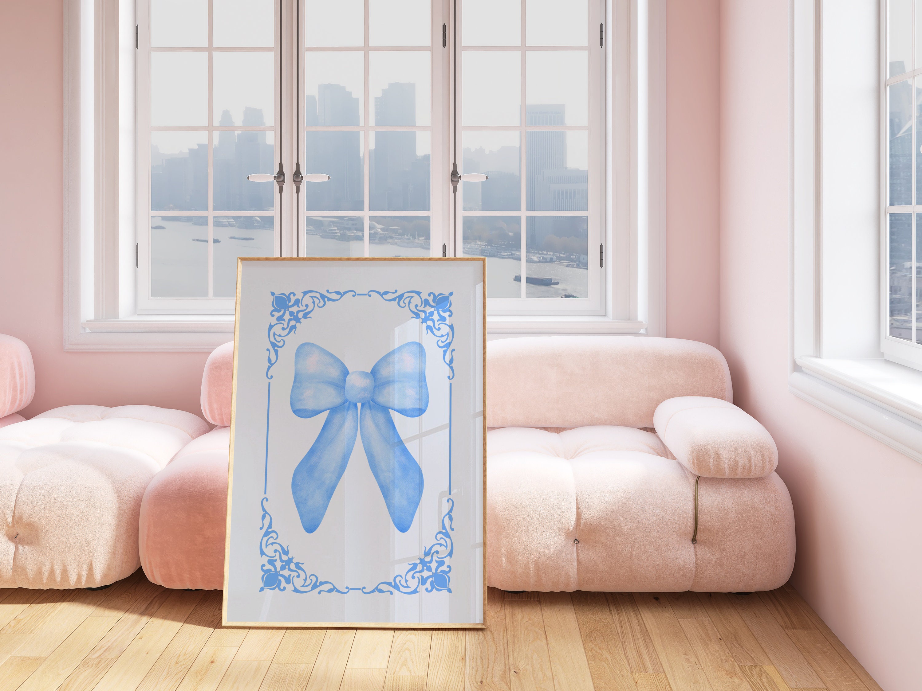 Preppy Blue Coquette Bow Digital Wall Art Print, Coquette Room Decor ...