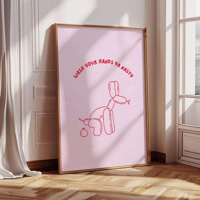 Funny Bathroom Digital Wall Art Print, Pink Dog Pooping Bathroom Poster ...