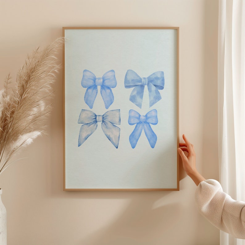 Preppy Blue Coquette Bow Digital Wall Art Print, Coquette Room Decor ...