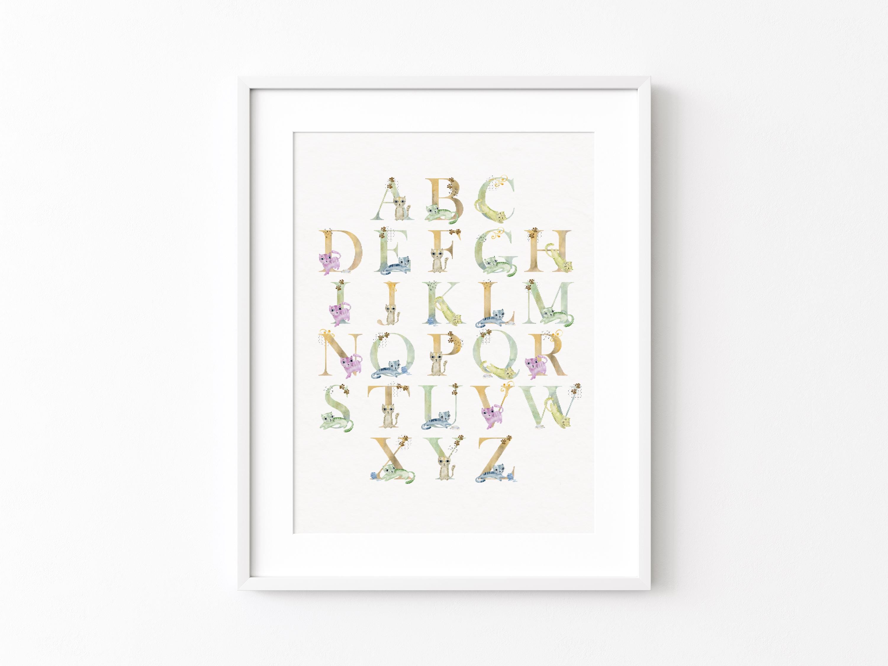 Neutral Cats Alphabet Digital Wall Art Poster, Cat ABC Watercolor ...