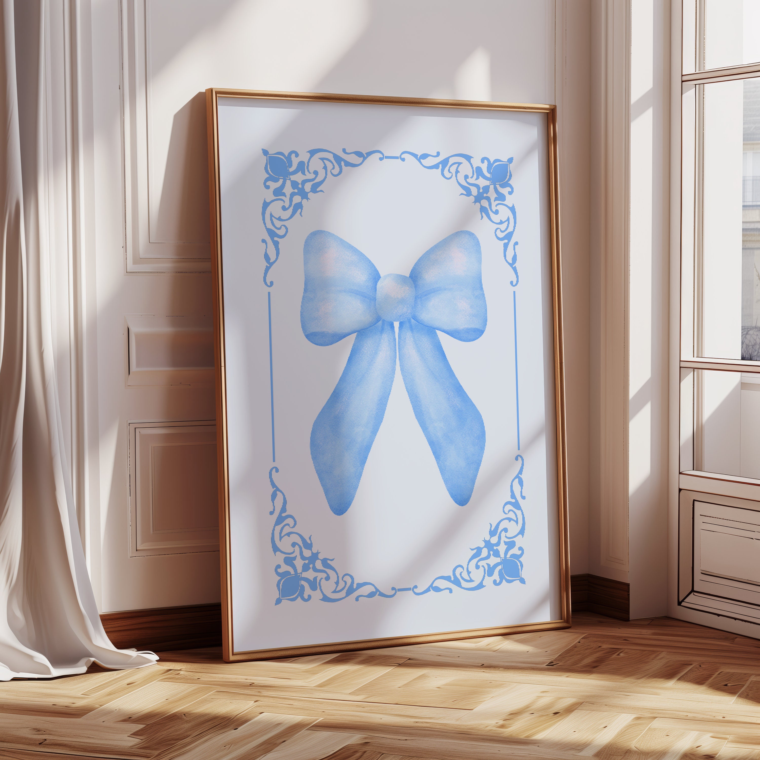 Preppy Blue Coquette Bow Digital Wall Art Print, Coquette Room Decor ...