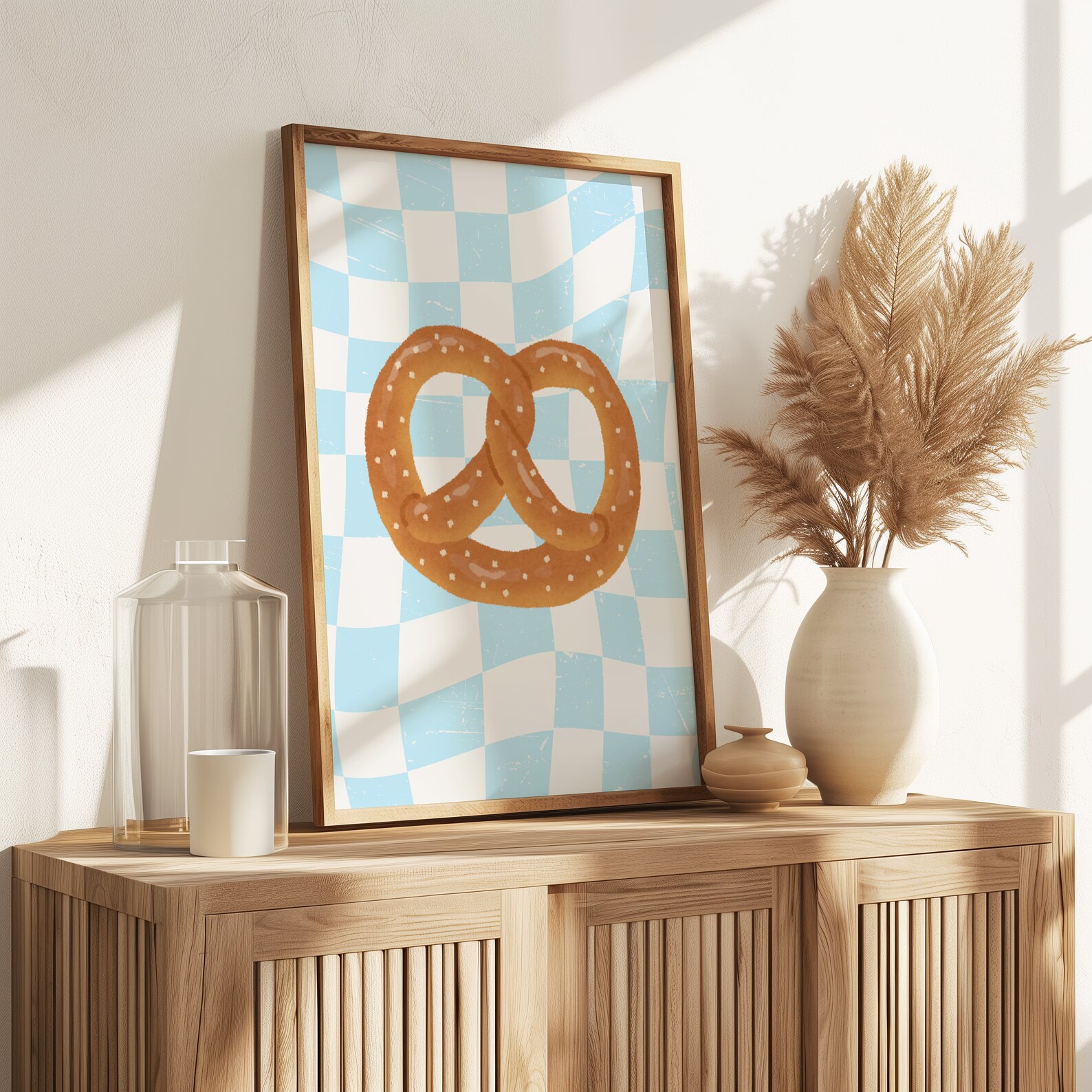 Blue and White Checkered Pretzel Wall Art Digital Print, Retro Soft ...