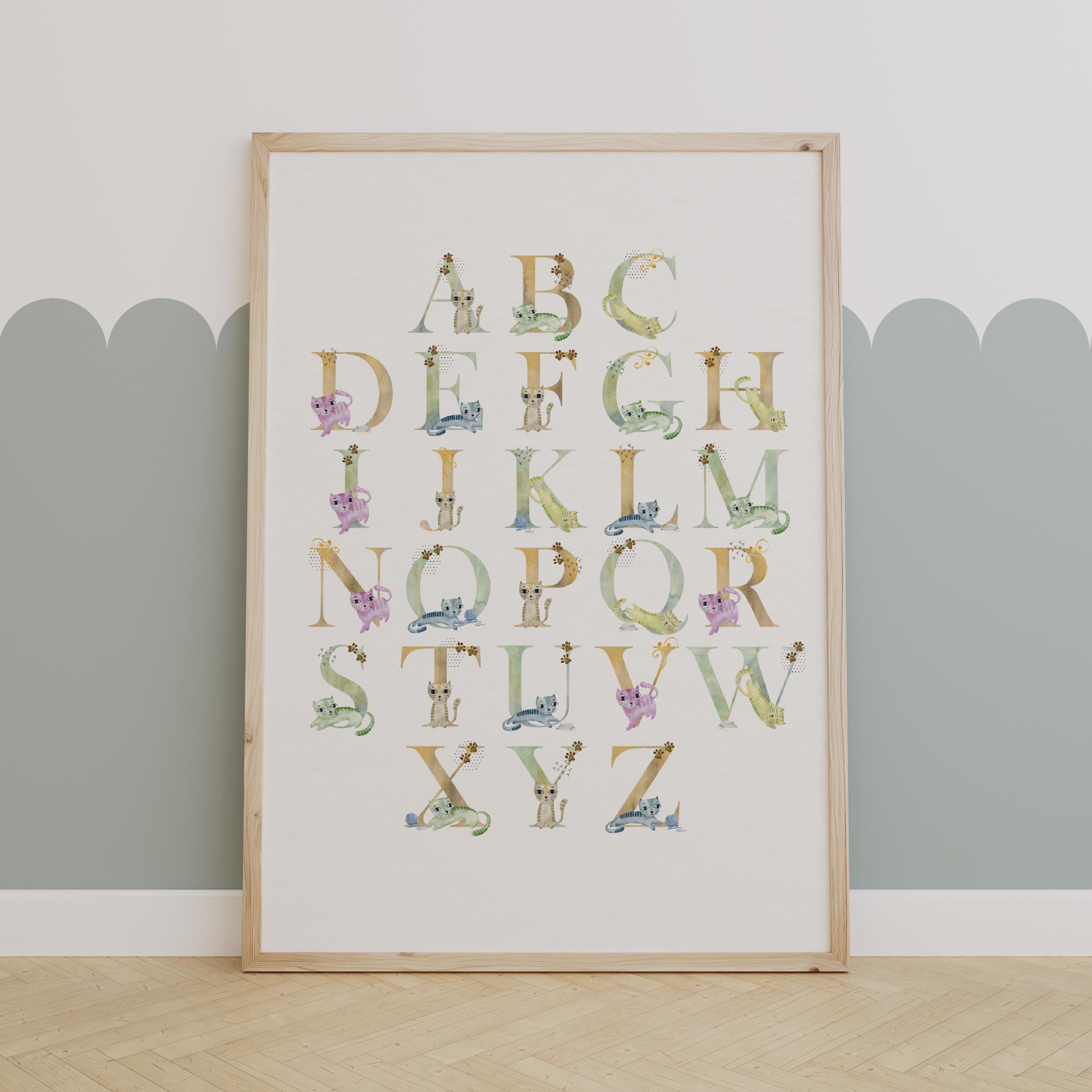 Neutral Cats Alphabet Digital Wall Art Poster, Cat ABC Watercolor ...