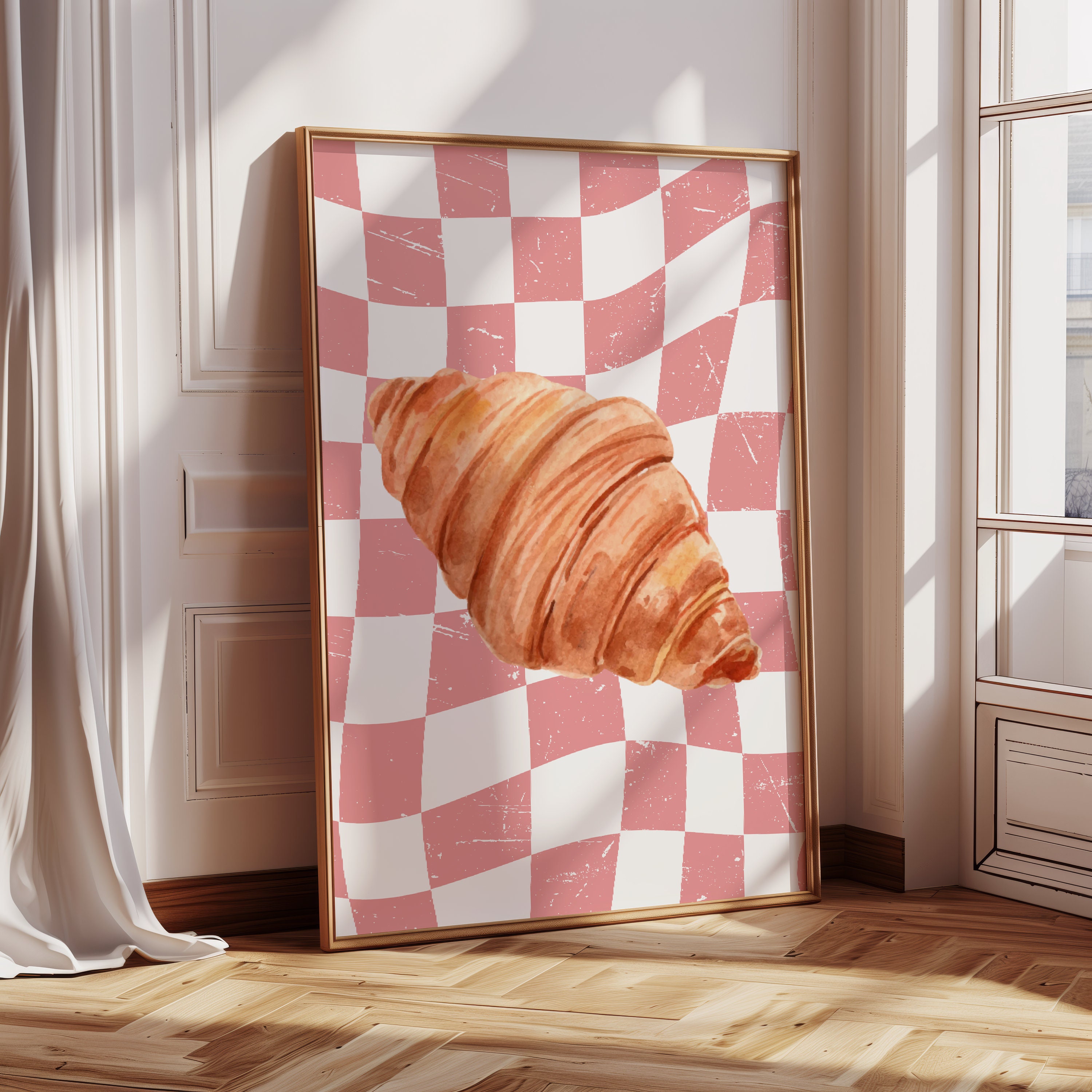 Retro Pink and White Checkered Croissant Wall Art Print, Croissant Wall ...