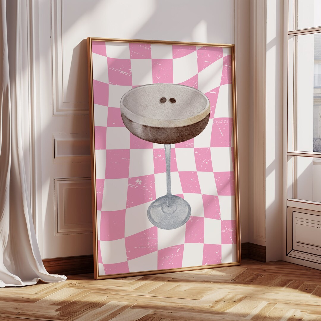 Pink and White Checkered Espresso Martini Cocktail Digital Print ...