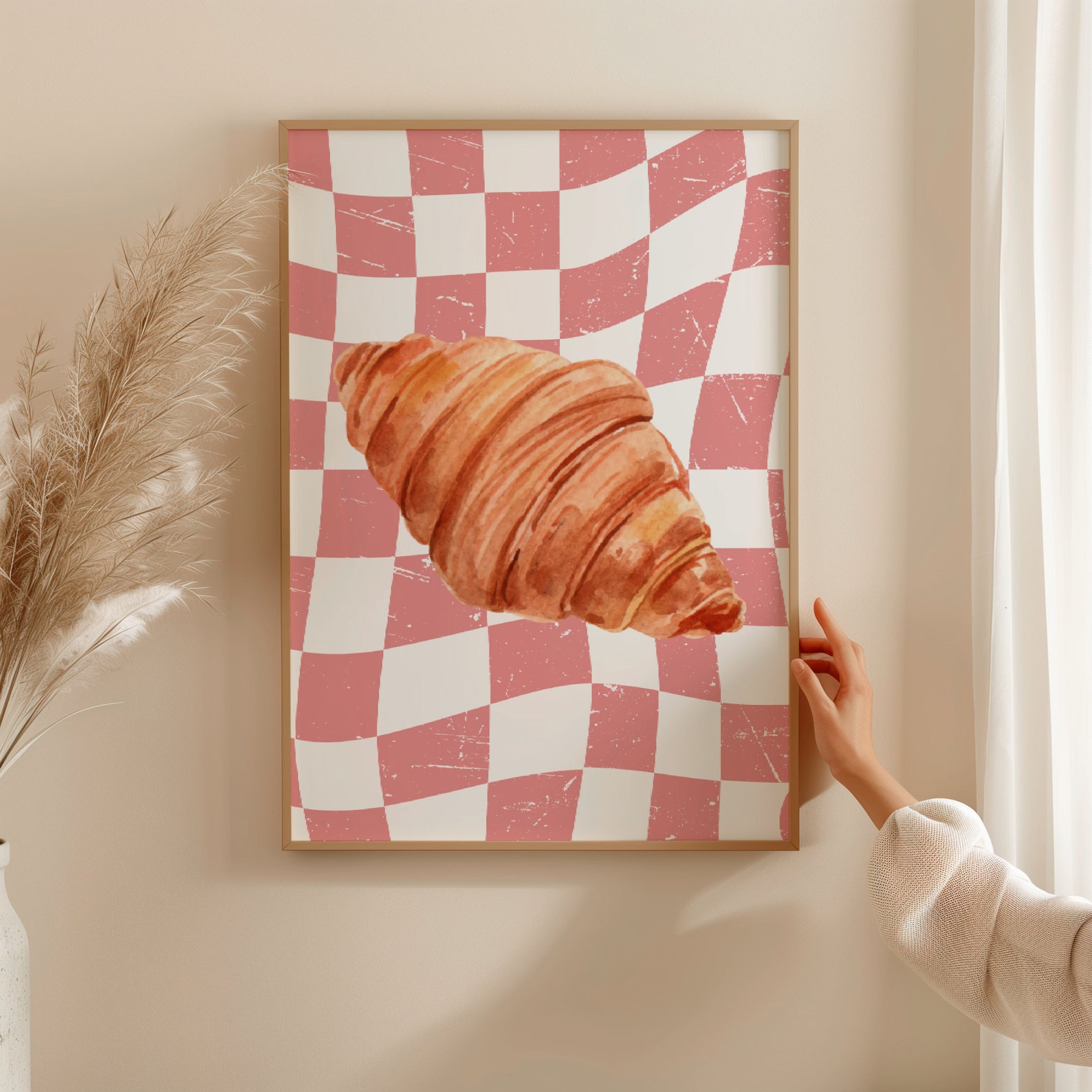 Retro Pink and White Checkered Croissant Wall Art Print, Croissant Wall ...