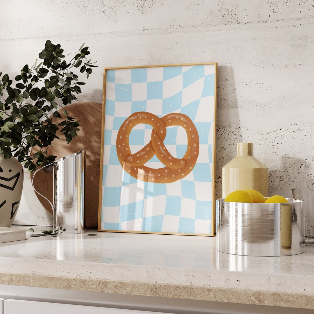 Blue and White Checkered Pretzel Wall Art Digital Print, Retro Soft ...