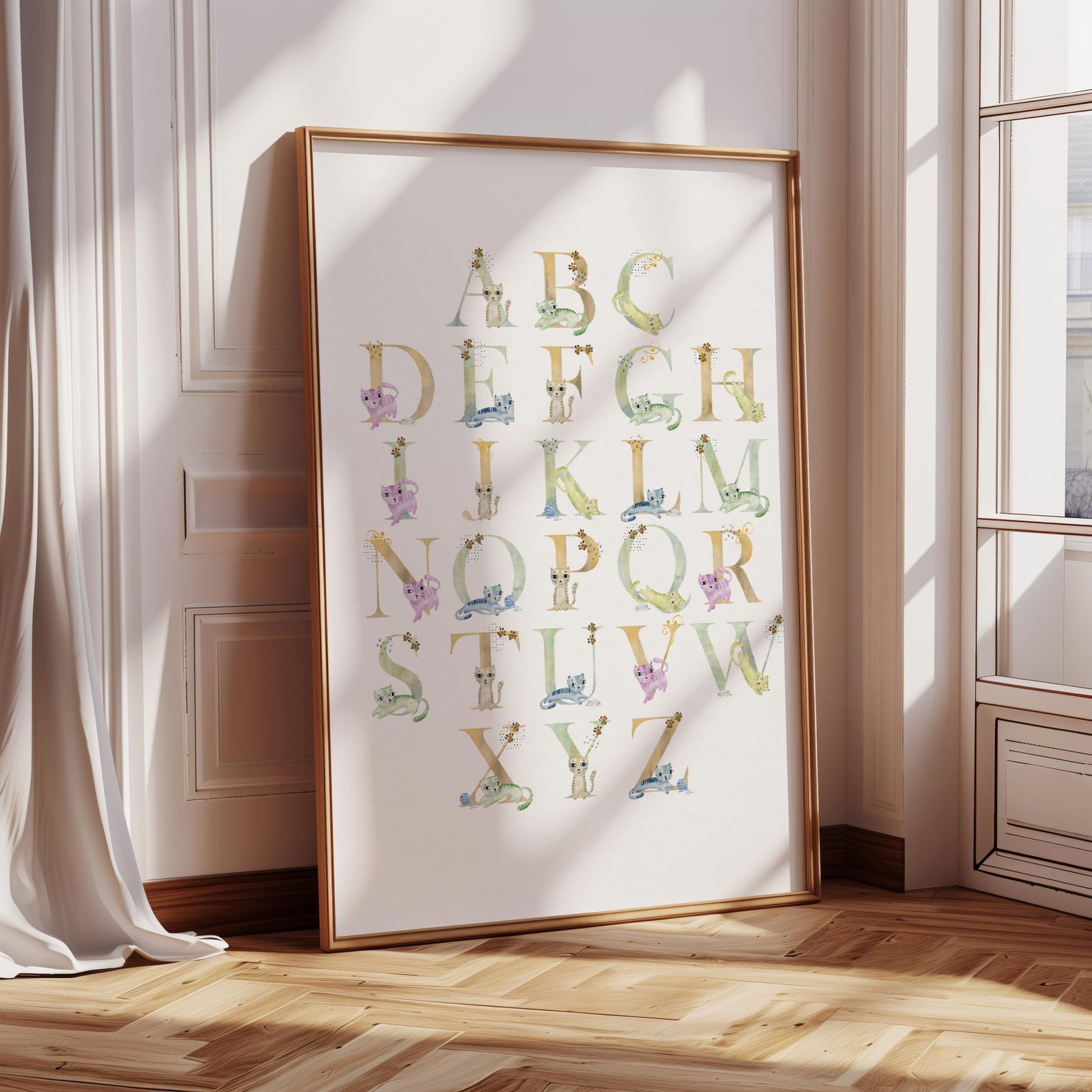 Neutral Cats Alphabet Digital Wall Art Poster, Cat ABC Watercolor ...