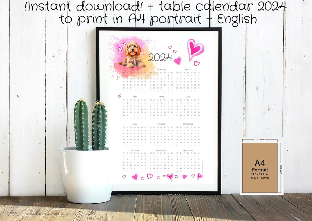Adorable Cockapoo Annual Calendar 2024 One Page A4 for Instant Download ...