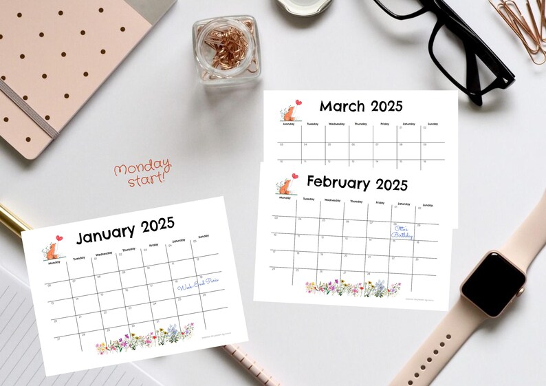 Adorable Calendar 2025 "fox & Flowers" Cute and Colorful Design in A4 ...