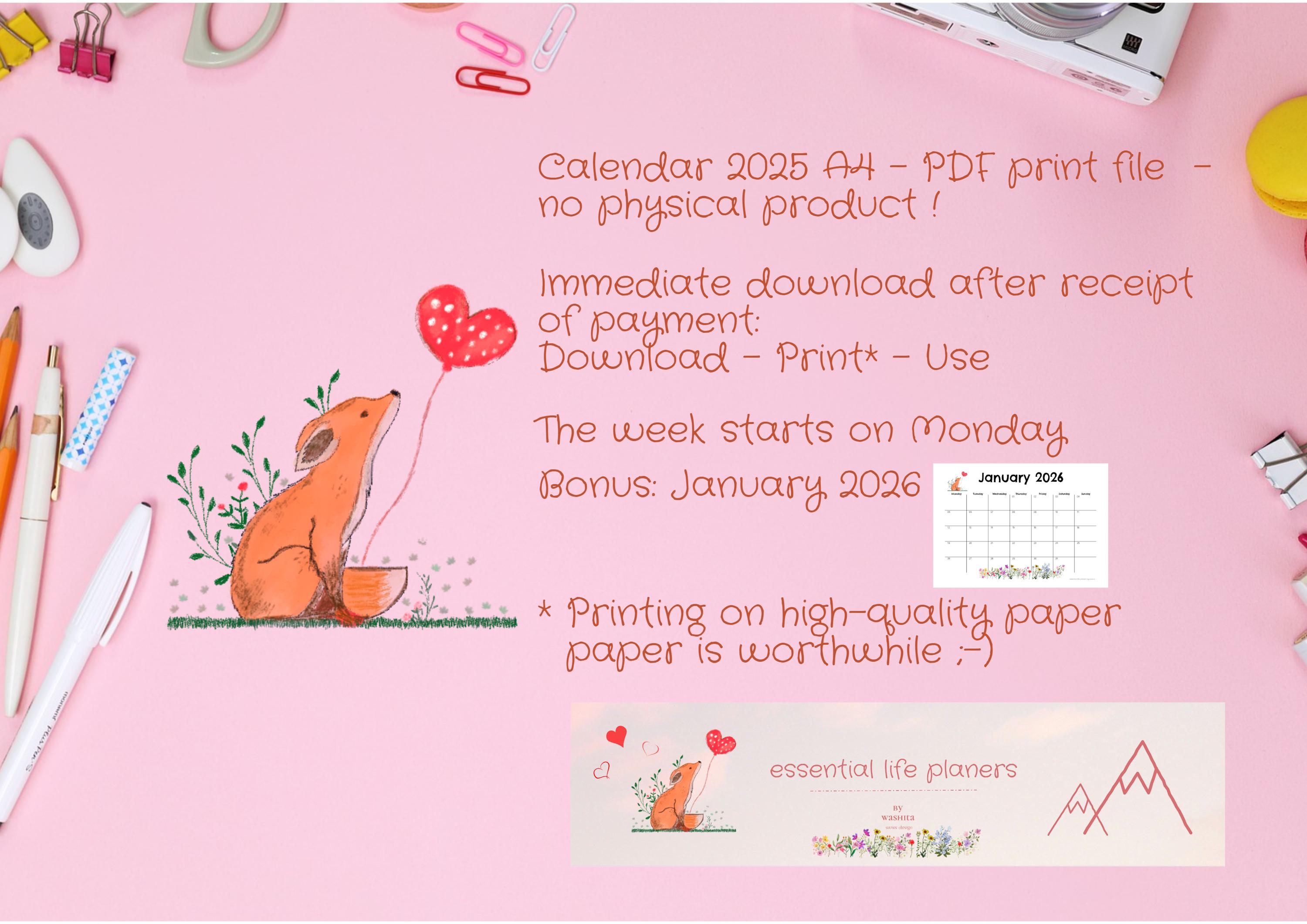 Adorable Calendar 2025 "fox & Flowers" Cute and Colorful Design in A4 ...