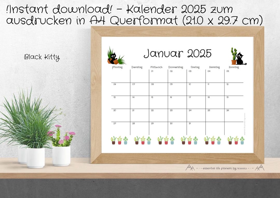 Little Black Kittens With Flowers, 2025 A4 Annual Calendar for Instant ...