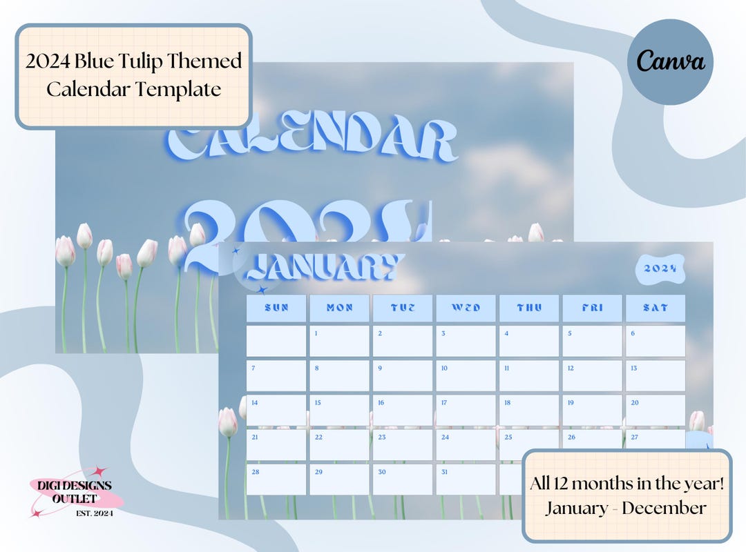 2024 Blue Tulip Themed Calendar Canva Template, Multi-device Access ...