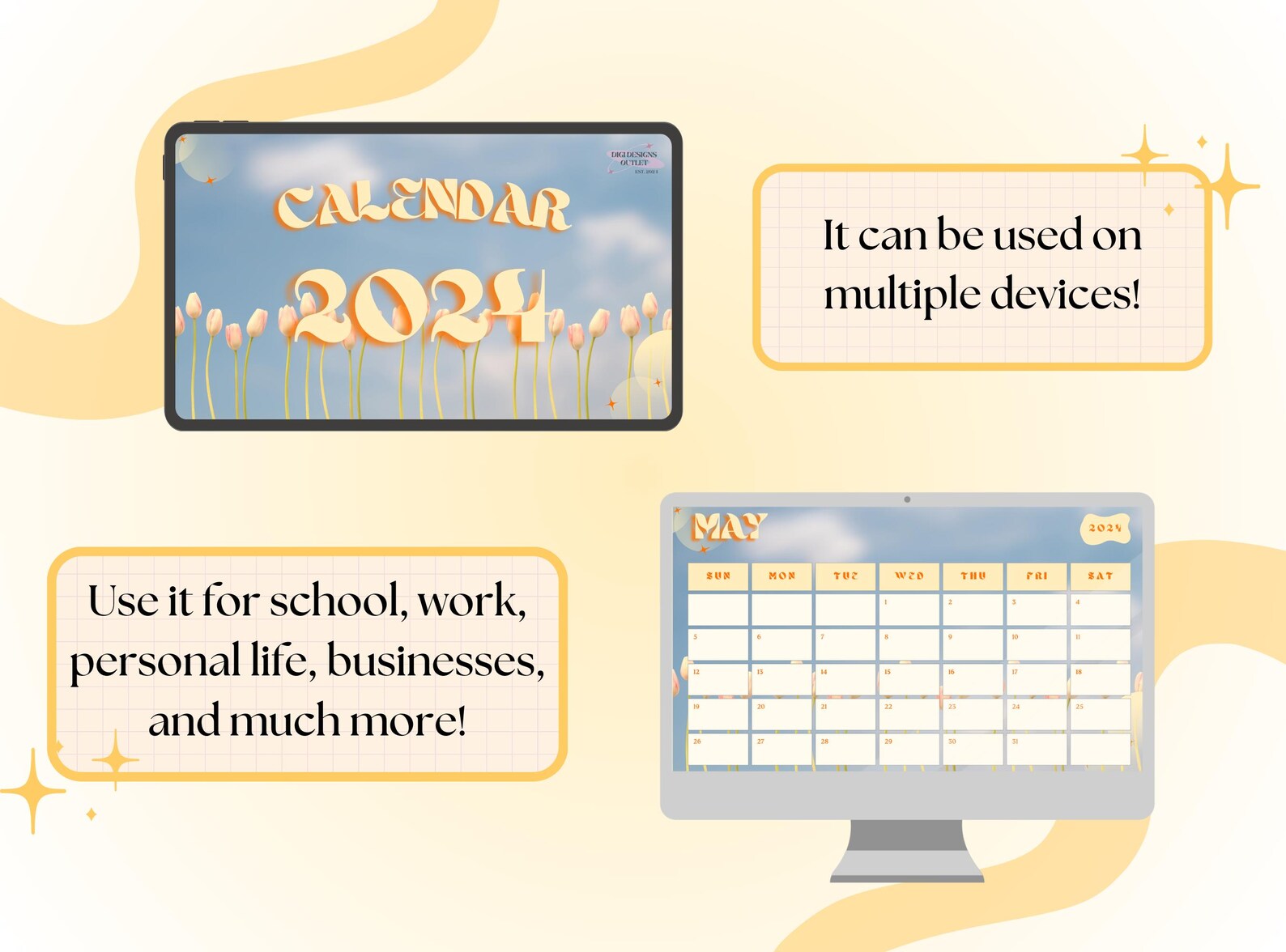 2024 Yellow Tulip Themed Calendar Canva Template, Multi-device Access ...