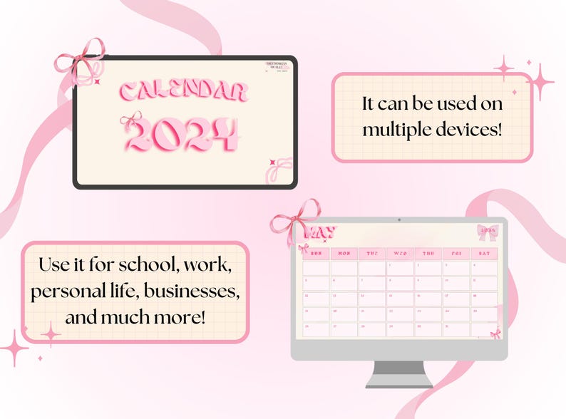 2024 Pink Coquette Bow Themed Calendar Canva Template, Multi-device ...