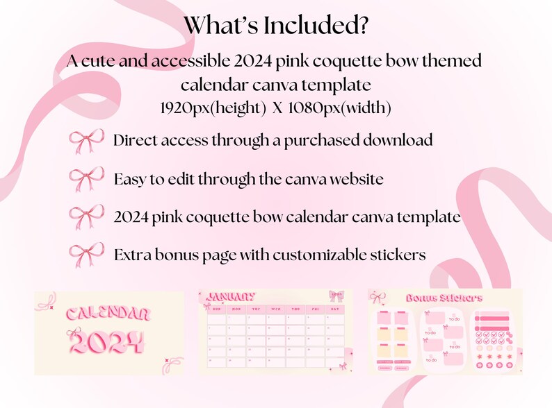 2024 Pink Coquette Bow Themed Calendar Canva Template, Multi-device ...