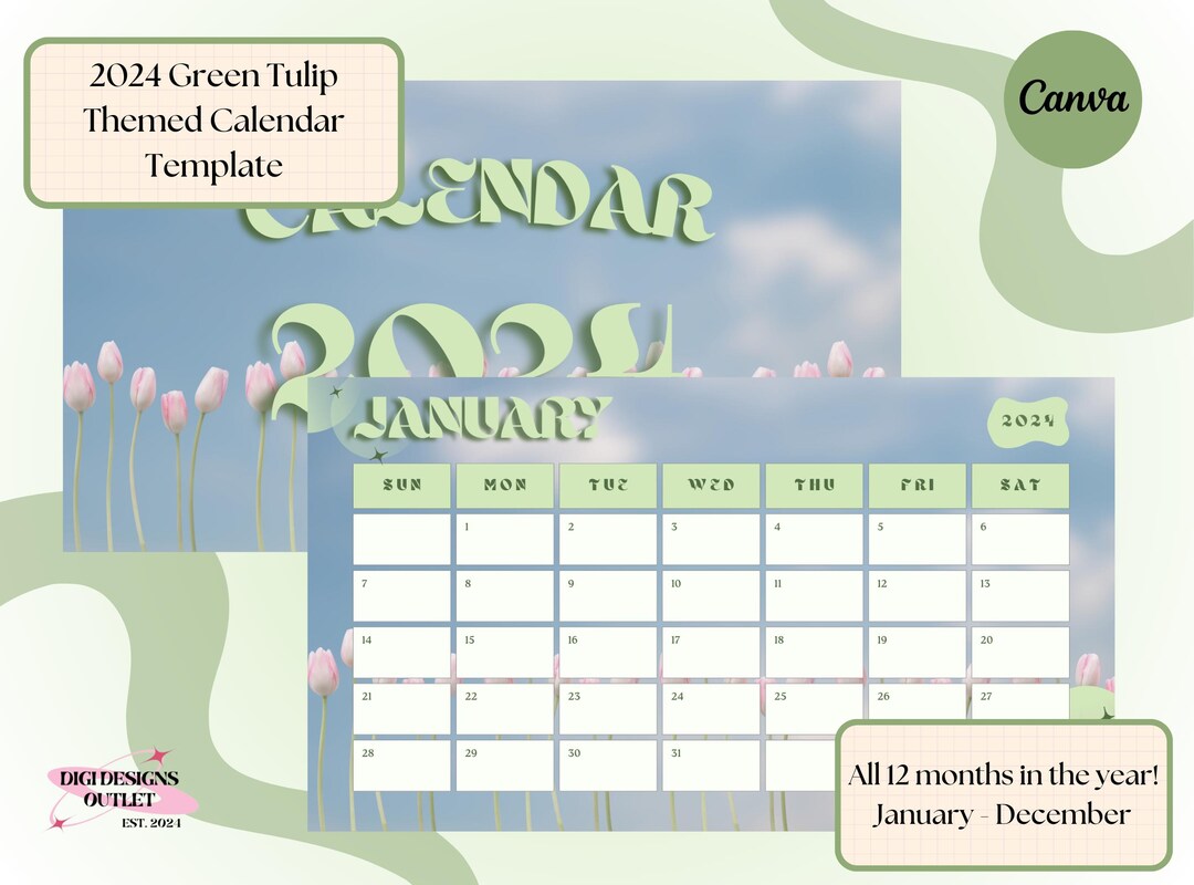 2024 Green Tulip Themed Calendar Canva Template, Multi-device Access ...