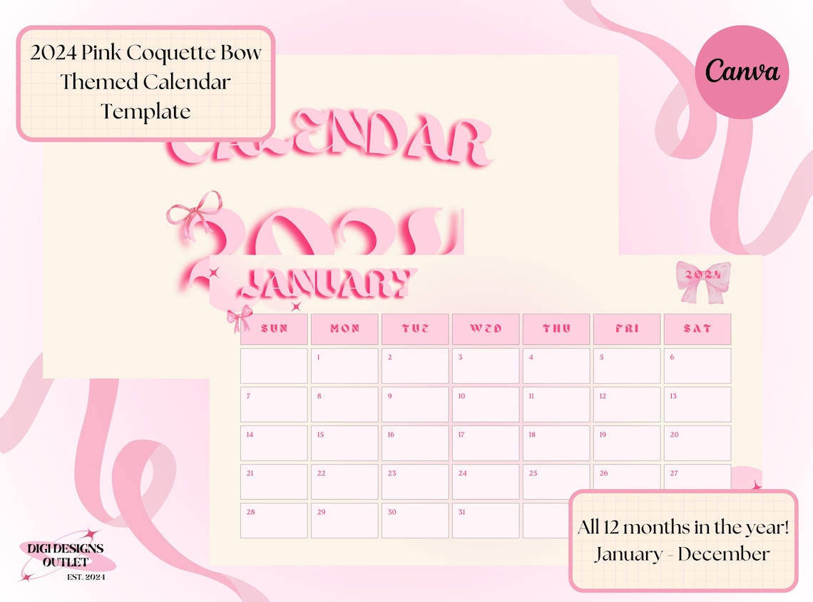 2024 Pink Coquette Bow Themed Calendar Canva Template, Multi-device ...