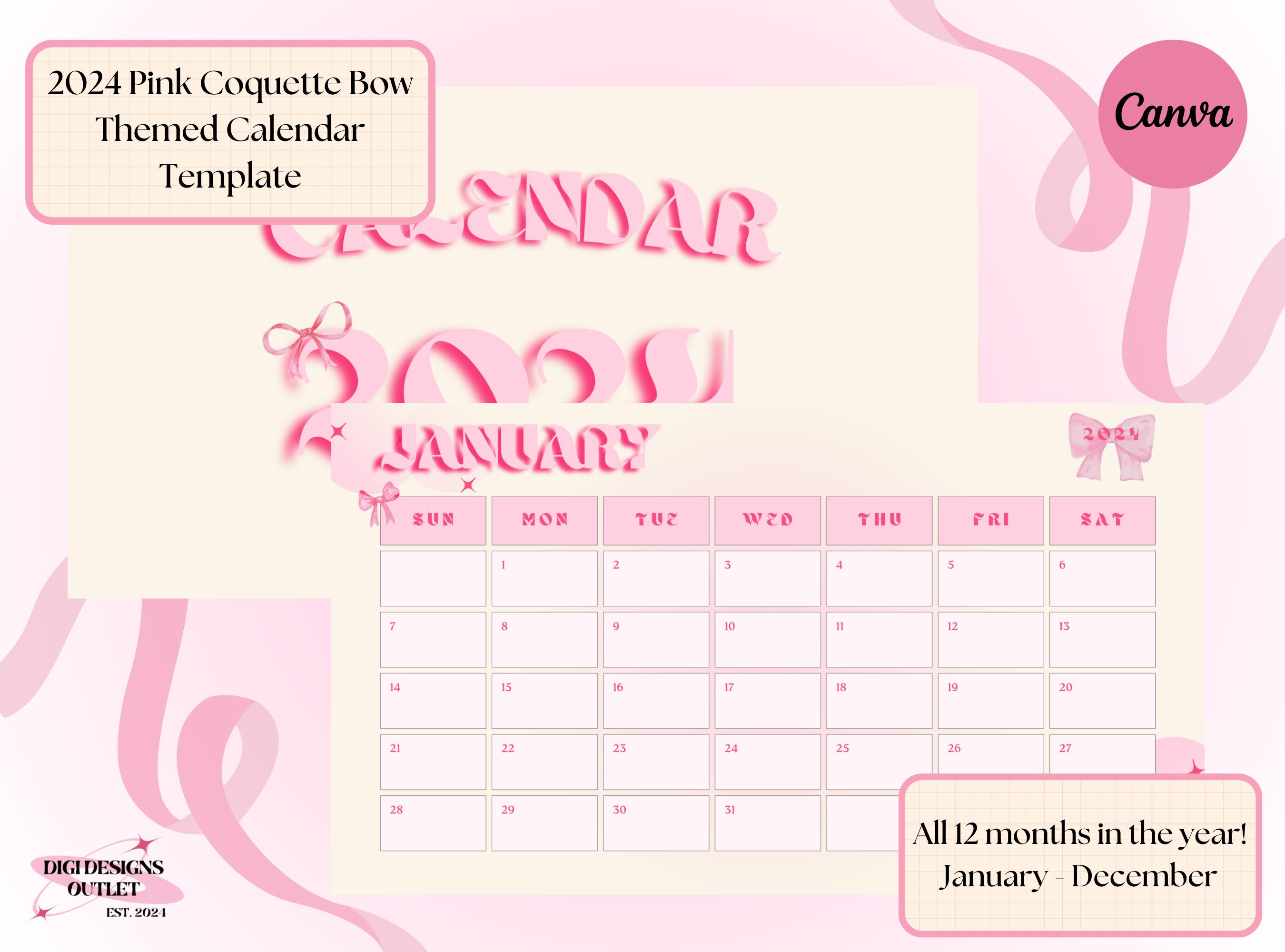 2024 Pink Coquette Bow Themed Calendar Canva Template, Multi-device ...
