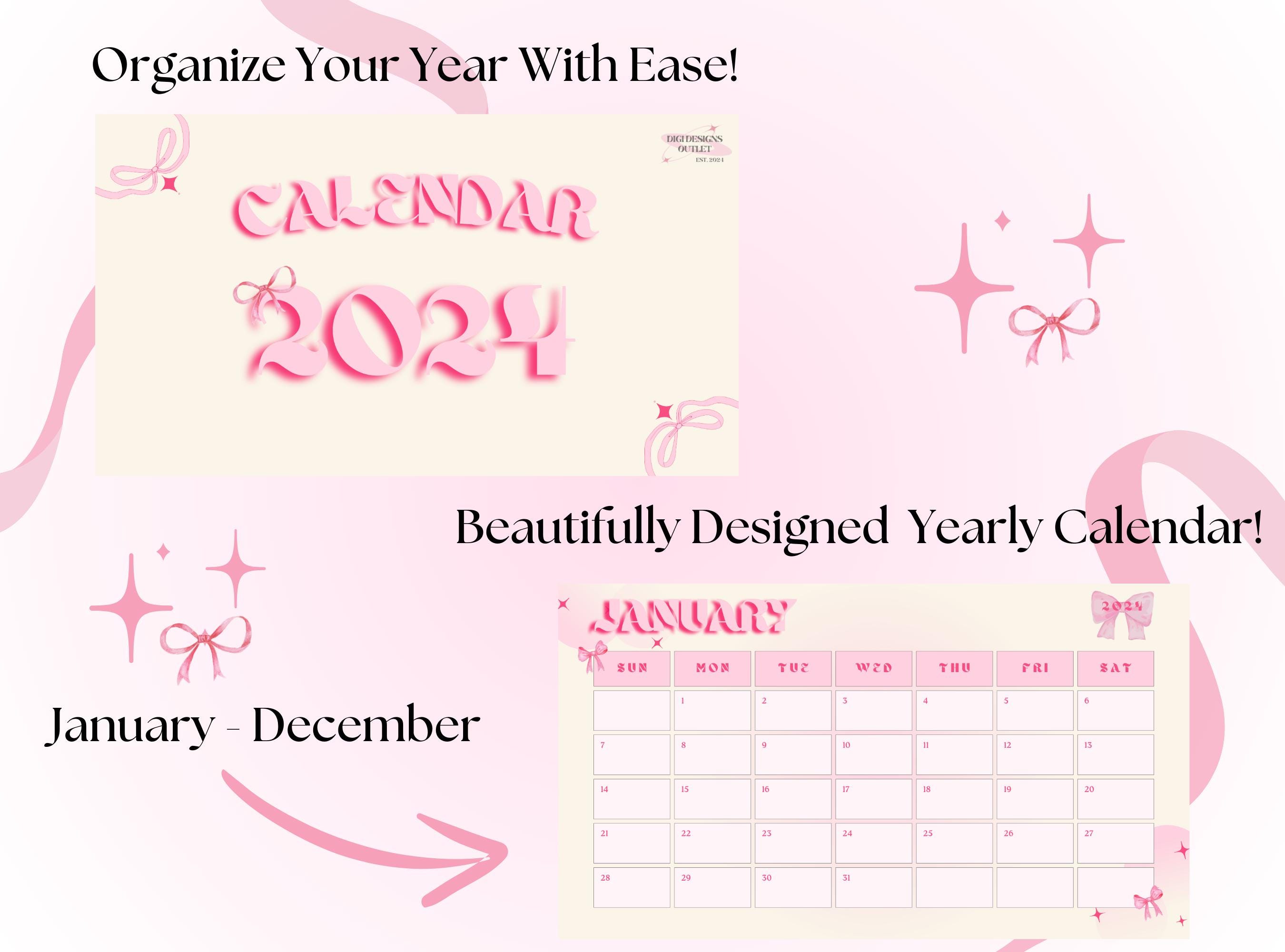 2024 Pink Coquette Bow Themed Calendar Canva Template, Multi-device ...