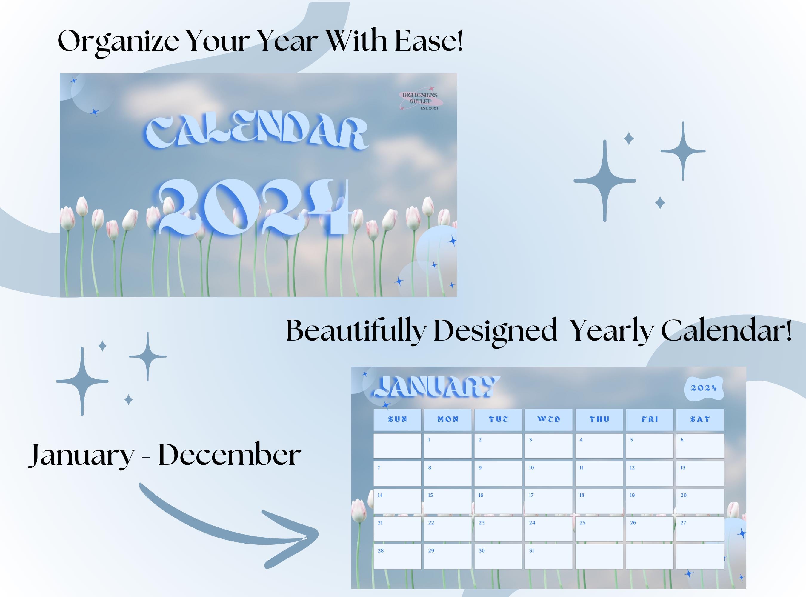 2024 Blue Tulip Themed Calendar Canva Template, Multi-device Access ...