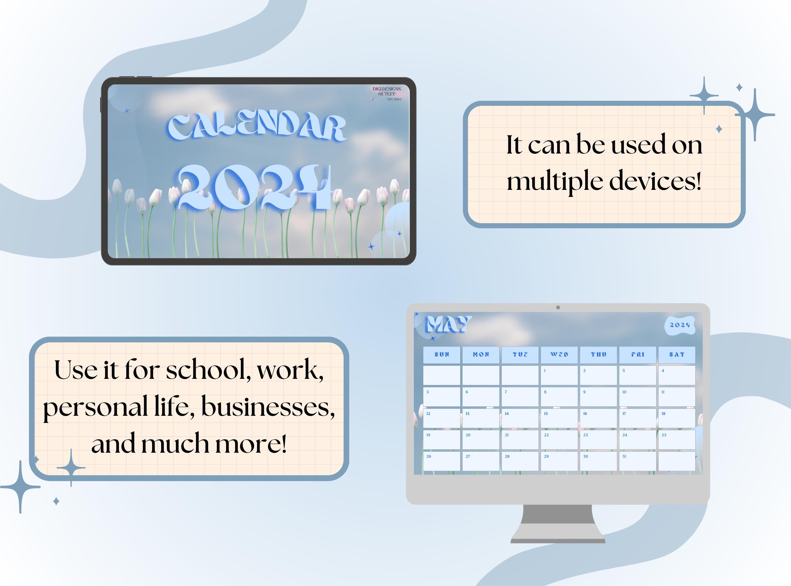 2024 Blue Tulip Themed Calendar Canva Template, Multi-device Access ...