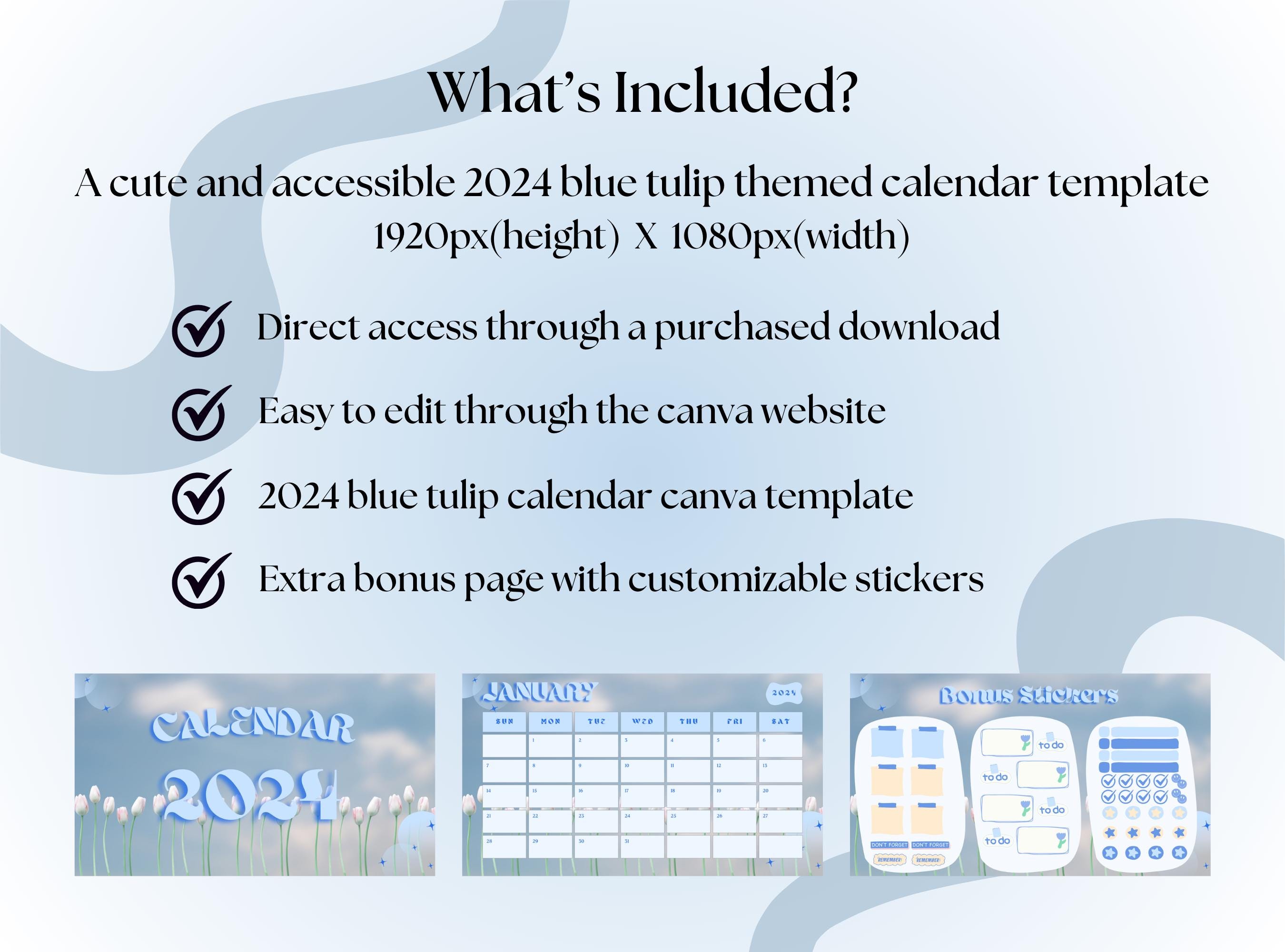 2024 Blue Tulip Themed Calendar Canva Template, Multi-device Access ...