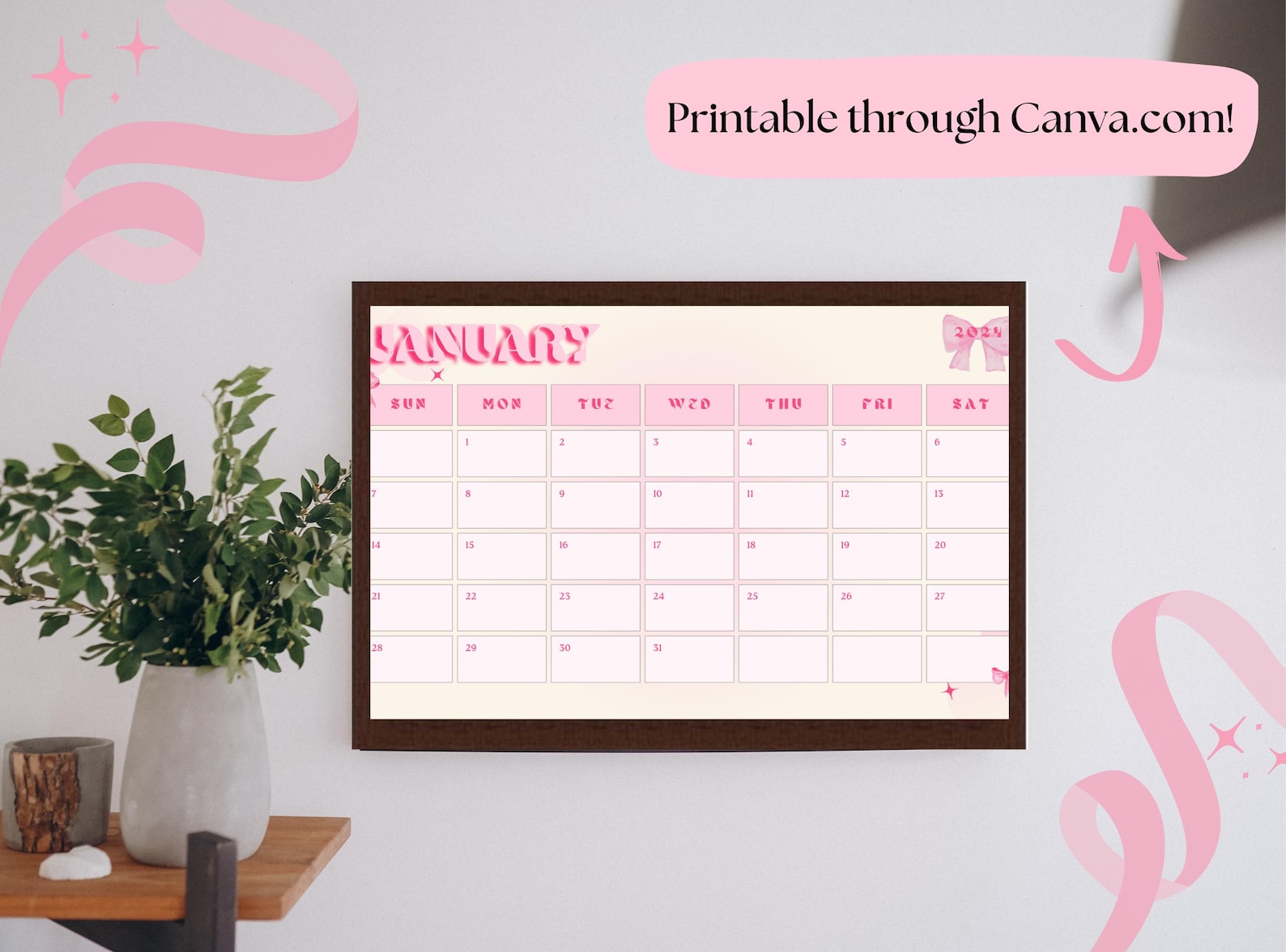2024 Pink Coquette Bow Themed Calendar Canva Template, Multi-device ...