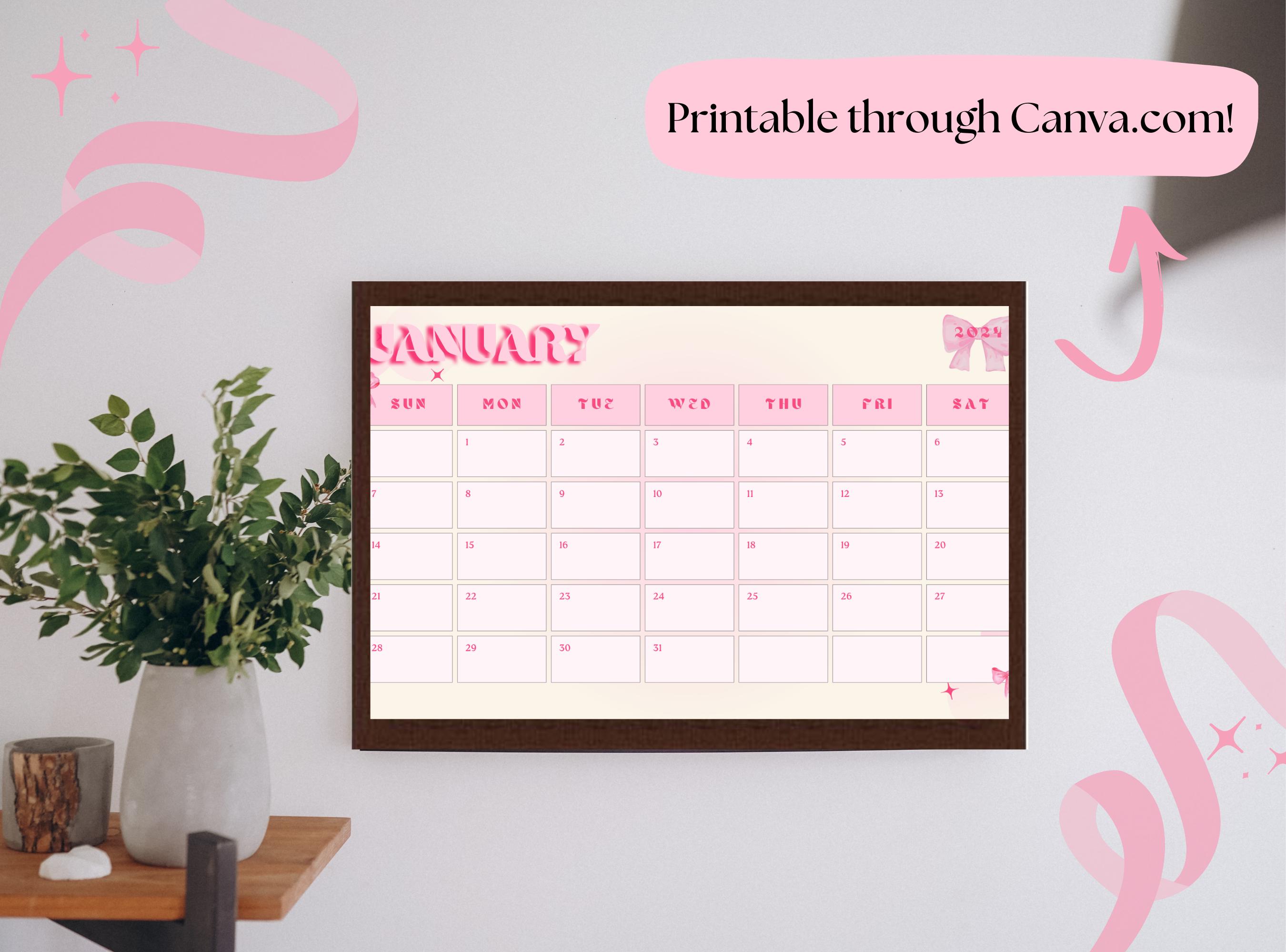 2024 Pink Coquette Bow Themed Calendar Canva Template, Multi-device ...
