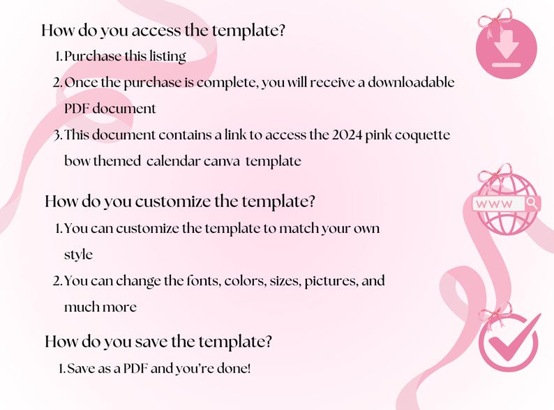 2024 Pink Coquette Bow Themed Calendar Canva Template, Multi-device ...