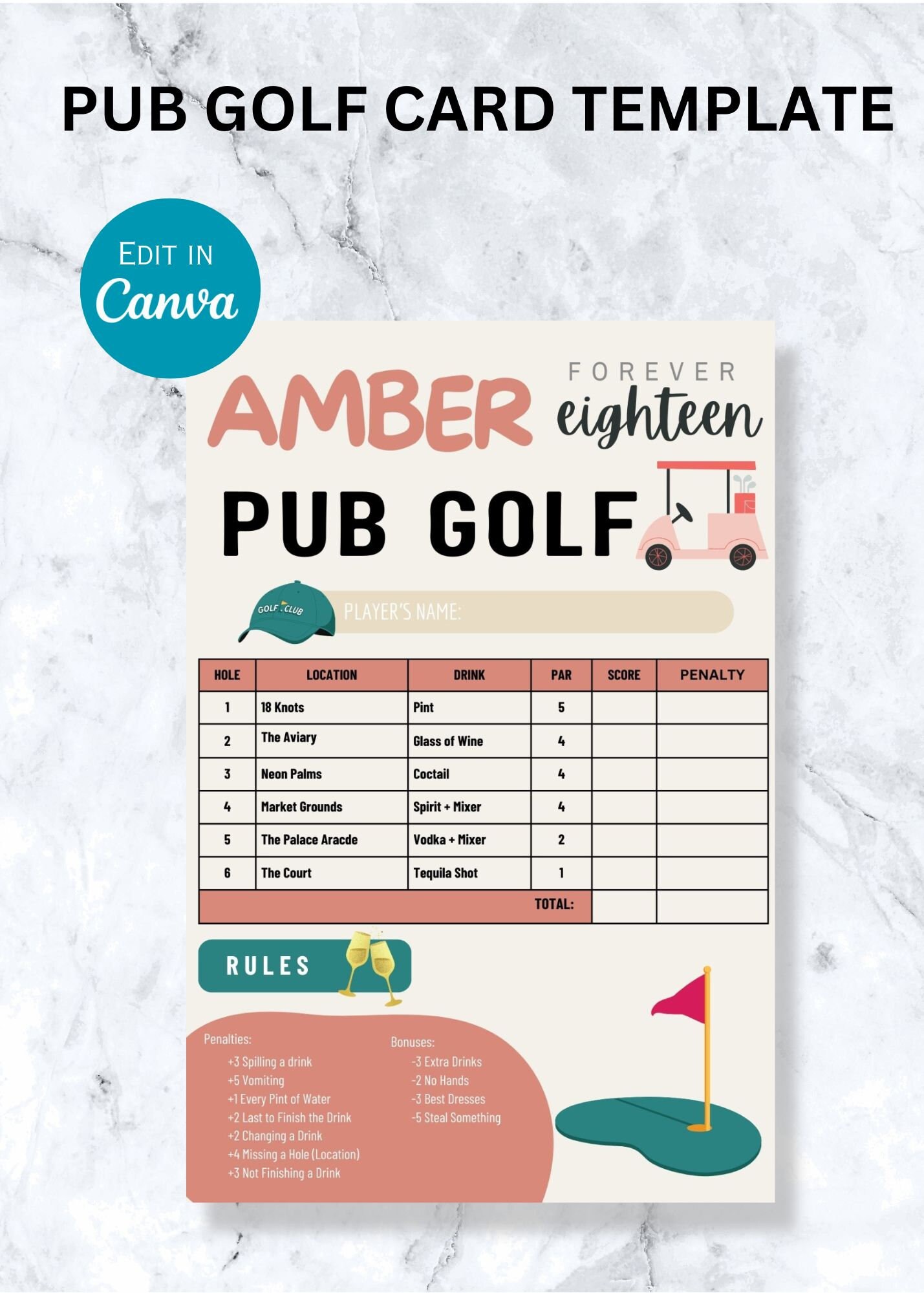 Party Pub Golf Scorecard | Editable Canva Template | Printable Bar ...