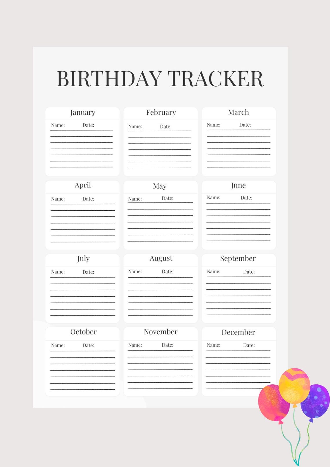 Printable Birthday Tracker, Birthday Planner Template, Birthday ...