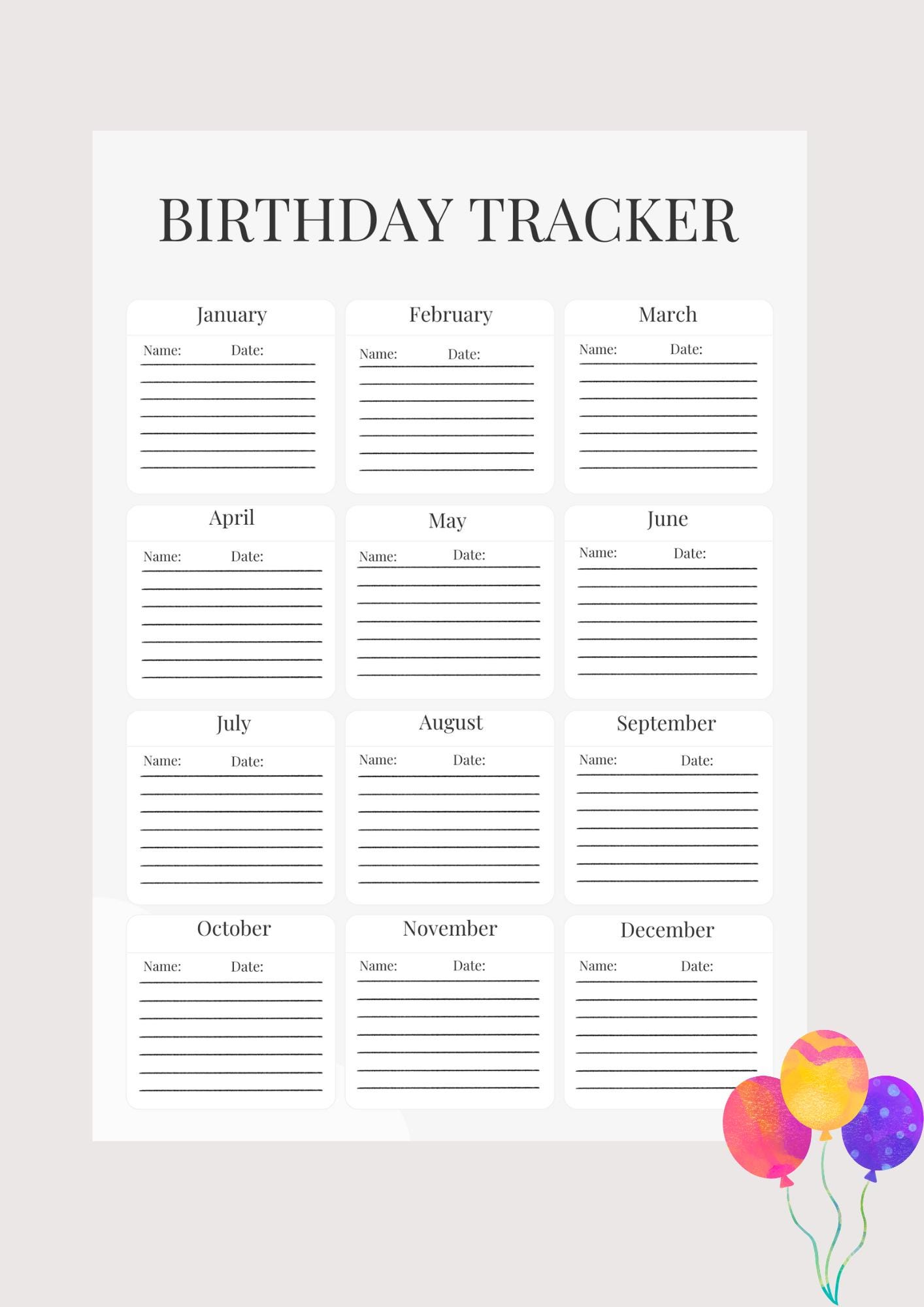 Printable Birthday Tracker, Birthday Planner Template, Birthday ...