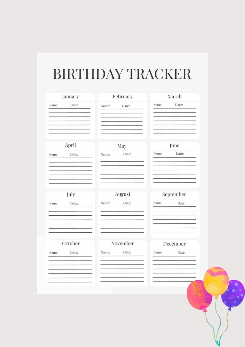 Printable Birthday Tracker, Birthday Planner Template, Birthday ...