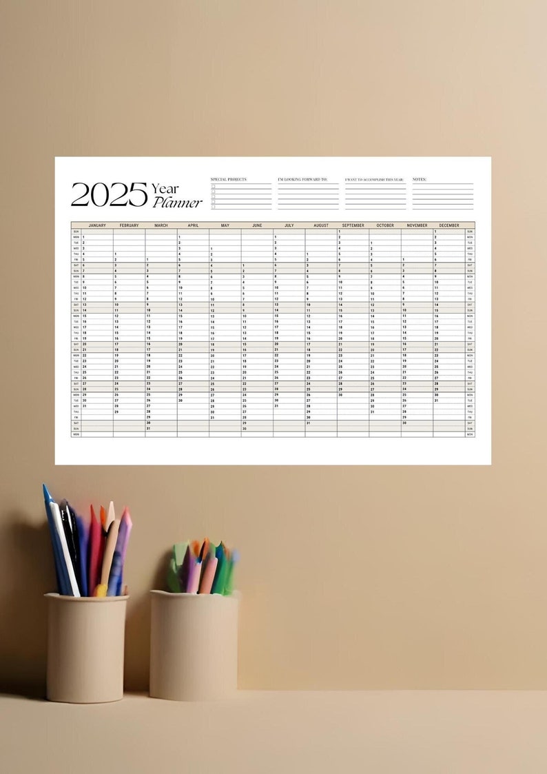 A4 2025 Yearly Planner, Printable, One-page Overview, Year at a Glance ...