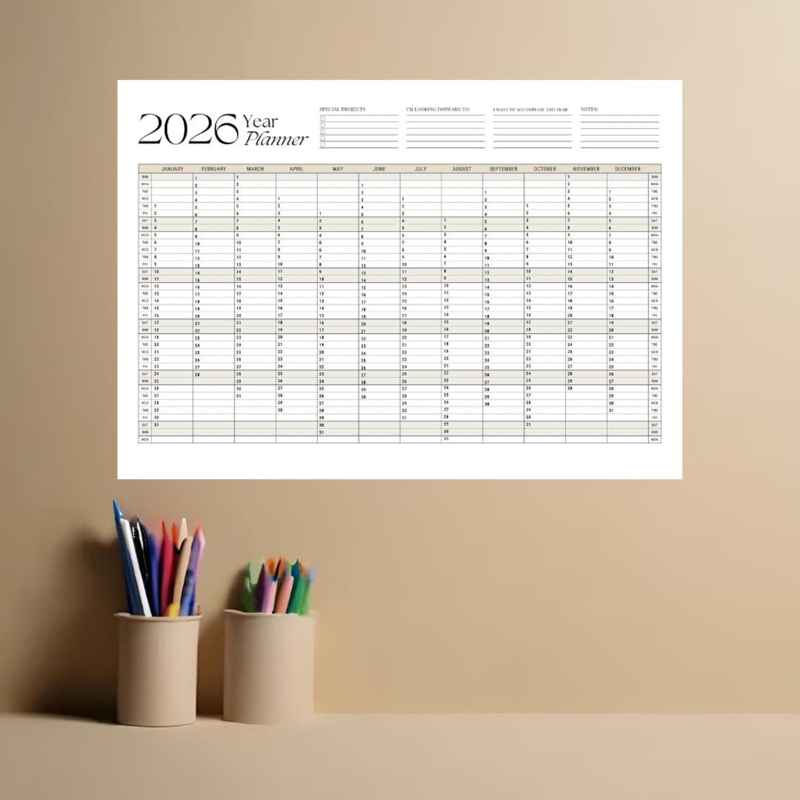 A3 2026 Yearly Planner, Printable, One-page Overview, Year at a Glance ...