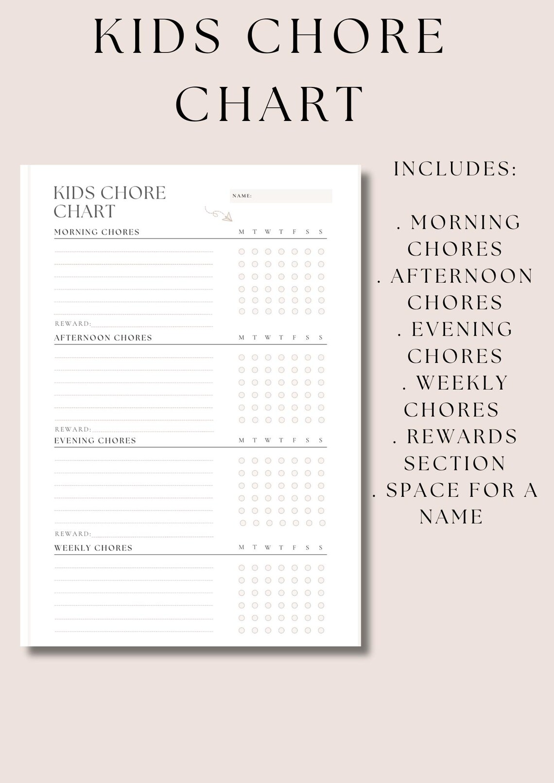 Kids Chore Chart, Printable Kids Chore Chart, Kids Daily Checklist ...
