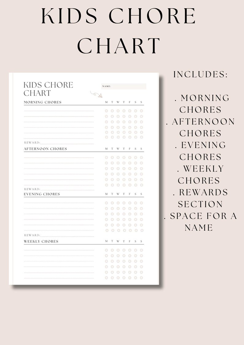 Kids Chore Chart, Printable Kids Chore Chart, Kids Daily Checklist ...