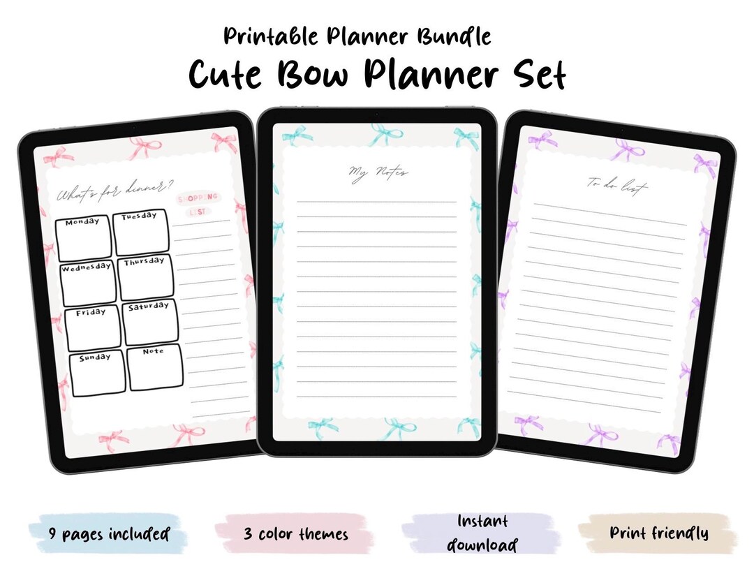 Bow Planner Bundle | Weekly Meal, to Do List, Notes (digital Download ...