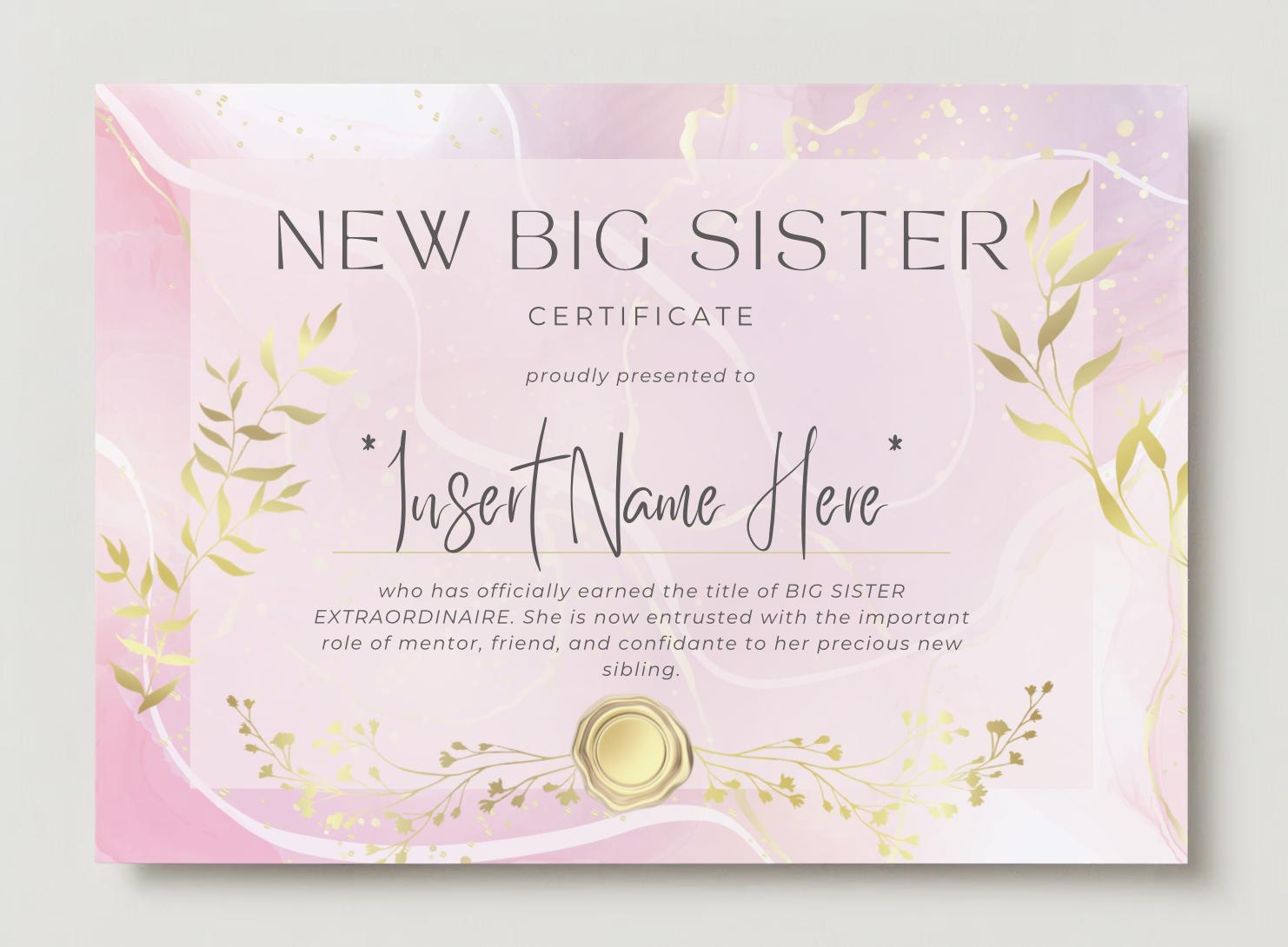 Big Sister Certificate Printable | Editable Sibling Announcement ...