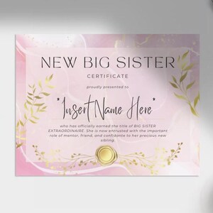 Big Sister Certificate Printable | Editable Sibling Announcement ...