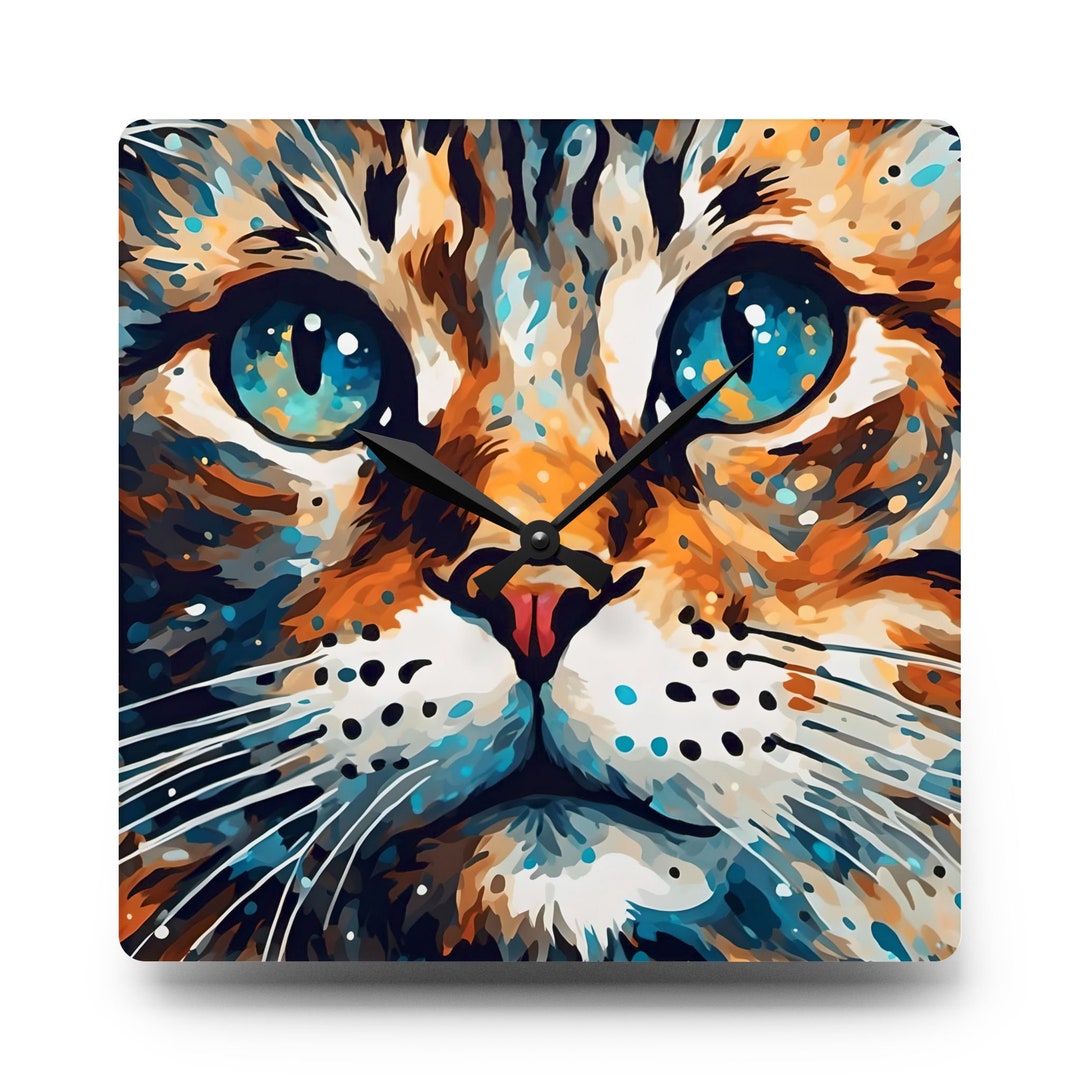 Kitty Clock Bright Pop Art Style Tabby Cat Square or Round - Etsy