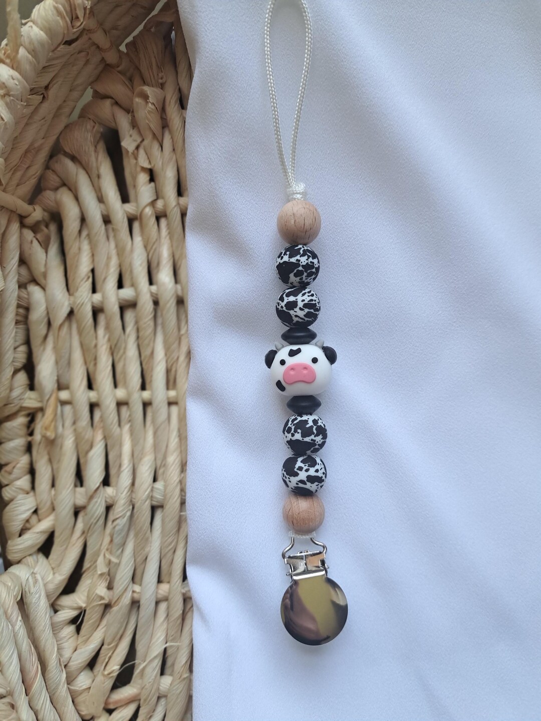 3D Cow Pacifier Clip, Binky Clip, Silicone Beaded Paci Clip ...