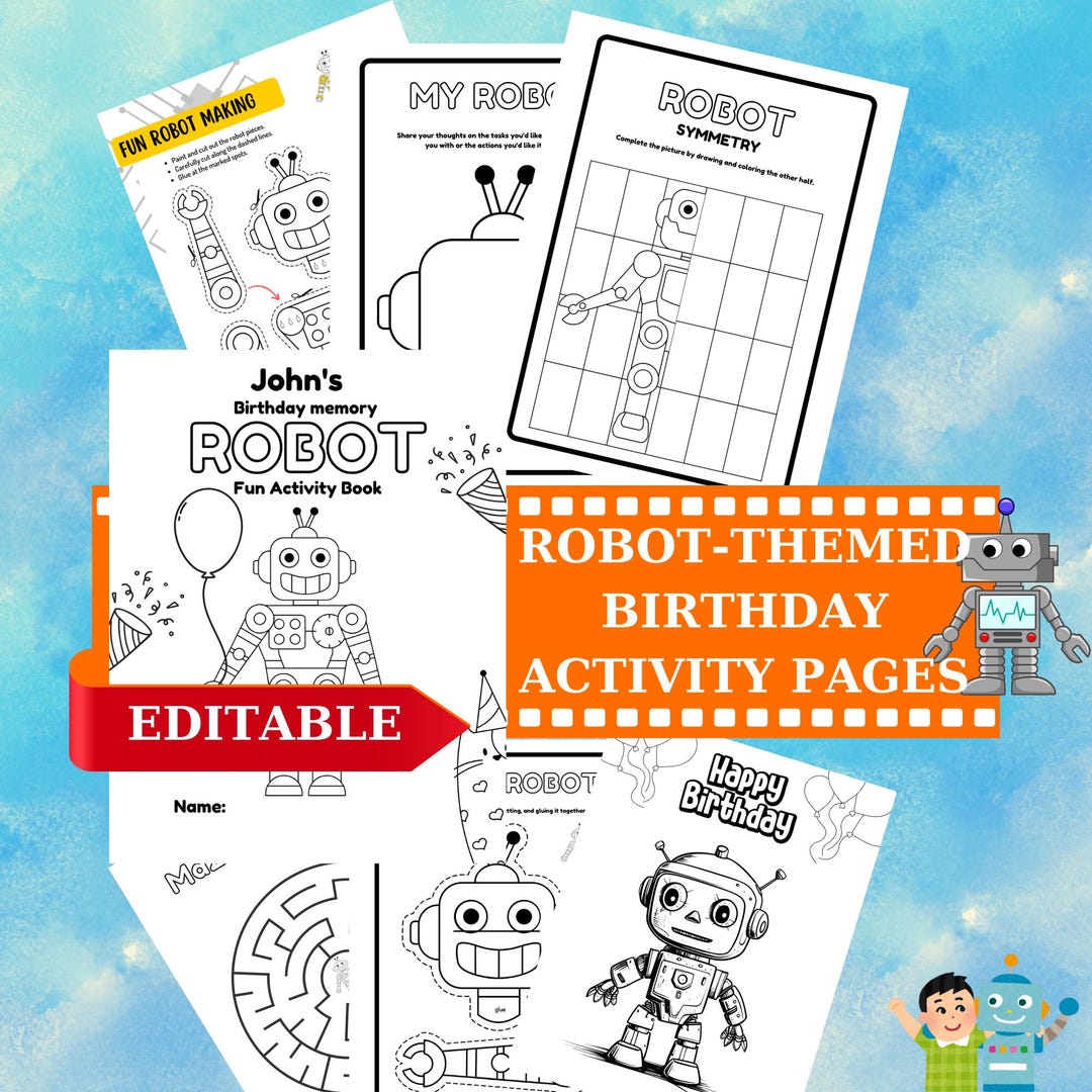 Personalized Robot Birthday Activity Book 45 Pages of Coloring & Robot ...