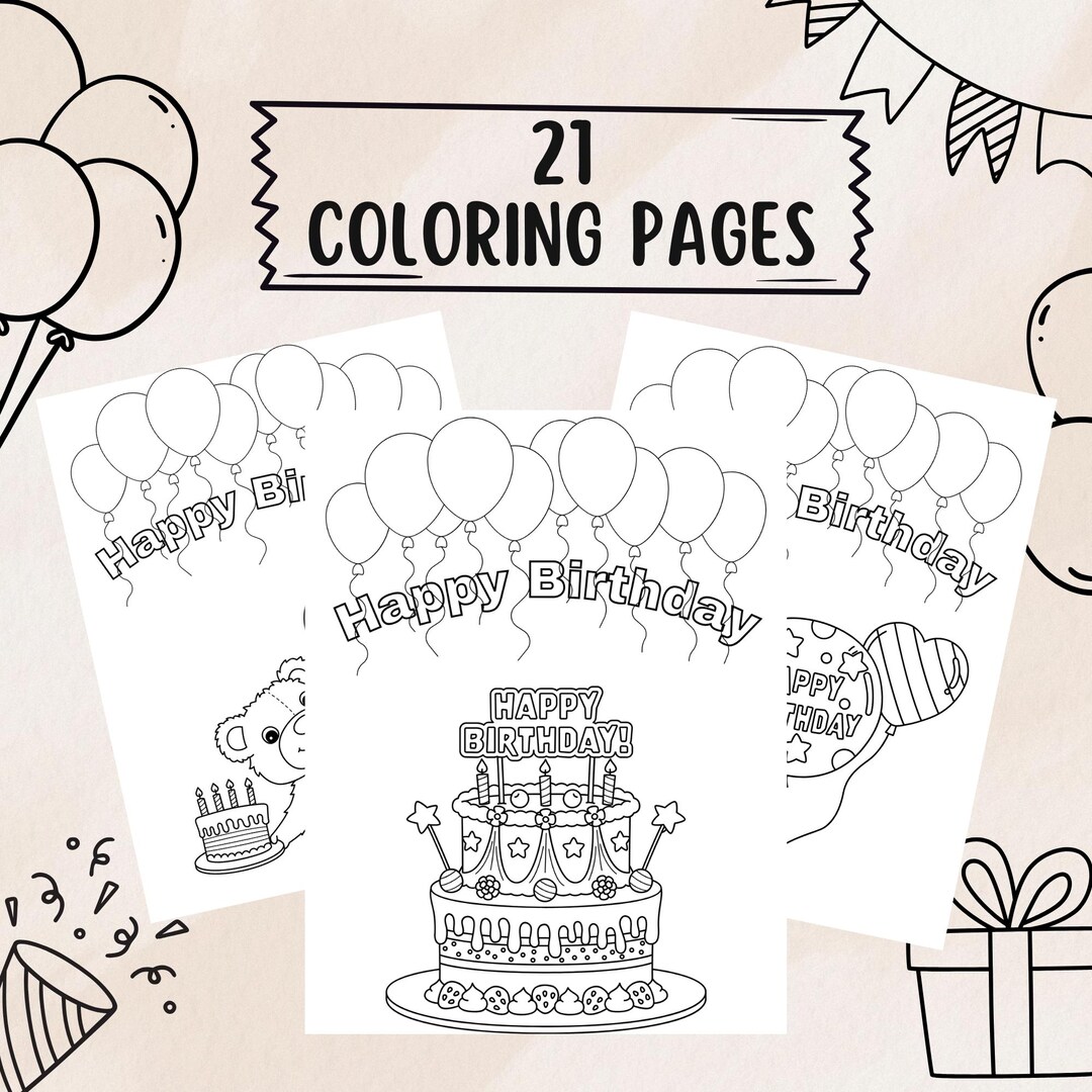 Digital Birthday Coloring Pages Bundle 21 Pages, A4 and US Letter Sizes ...