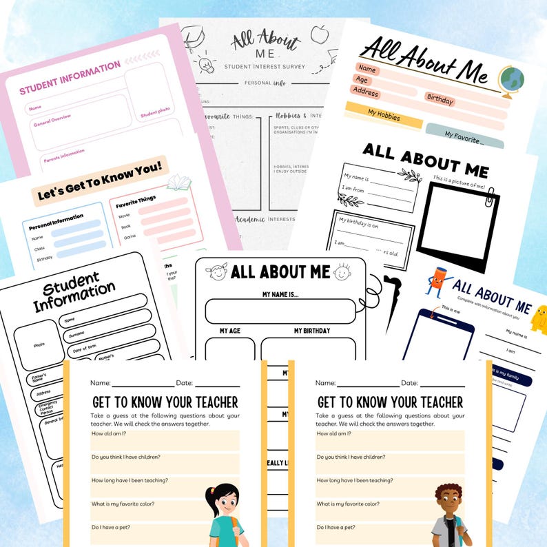 All About Me Poster Set 8 Unique Themes for Kids Printable Activity ...