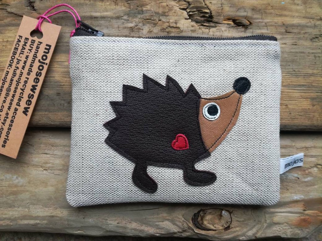 Hedgehog Coin Purse: Linen Pouch With Leather Animal Applique - Etsy